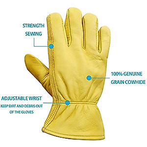 Leather Work Gloves Stretchable Wrist Tough Cowhide Safe Working Glove (3, Large)