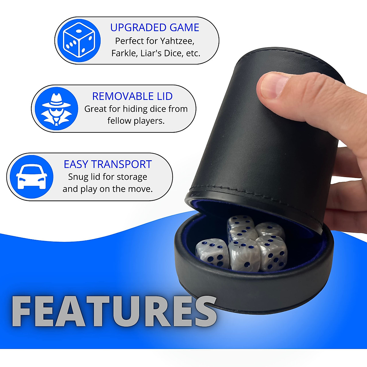 Luck Lab Black Leather Dice Cup with Lid Including 6 Matching Pearl Dice - Blue Velvet Interior for Quiet Shaking - Use for Liars Dice Farkle Yahtzee Board Games, Black