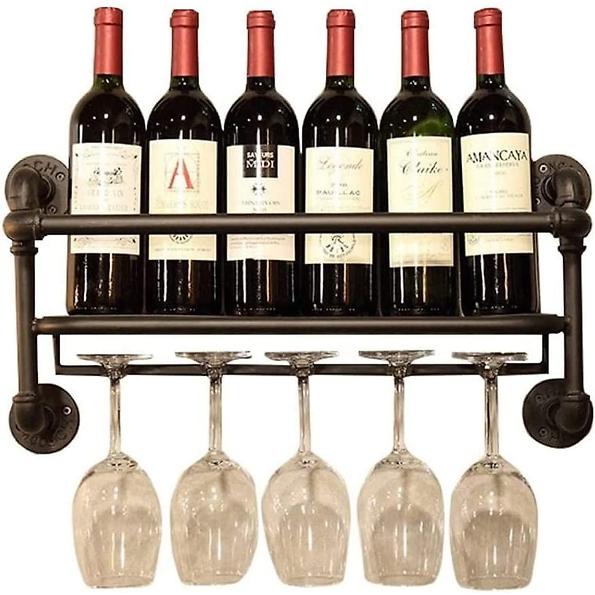 Industrial Vintage Wine Racks Wrought Iron Water Pipe Design 6 Bottles Wine Holder, Wine Glass Rack Goblet Stemware Racks, Black