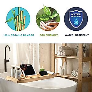 Premium Bamboo Bathtub Tray Caddy - Waterproof Tablet/Phone Case & Razor Slot - Expandable Bath Tray (up to 44in), Luxury Spa Bathtub Caddy, with Adjustable Reading Rack - Patent Pending