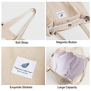 ALUWU Corduroy Tote Bag for Women Girl Casual Work Canvas Shoulder Handbags Cute Purse Light Green