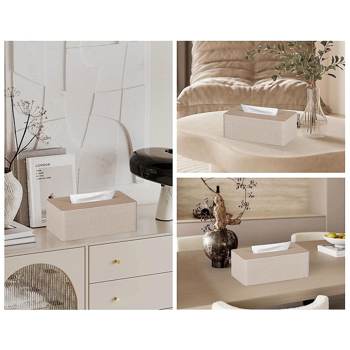 GOLRANLYE Tissue Box Cover Rectangular 9.8"(L) x 5.3"(W) x 4.3"(H) Refined Modern PU Leather Facial Tissue Dispenser Box Holder for Dresser Bathroom Decorative (Beige)