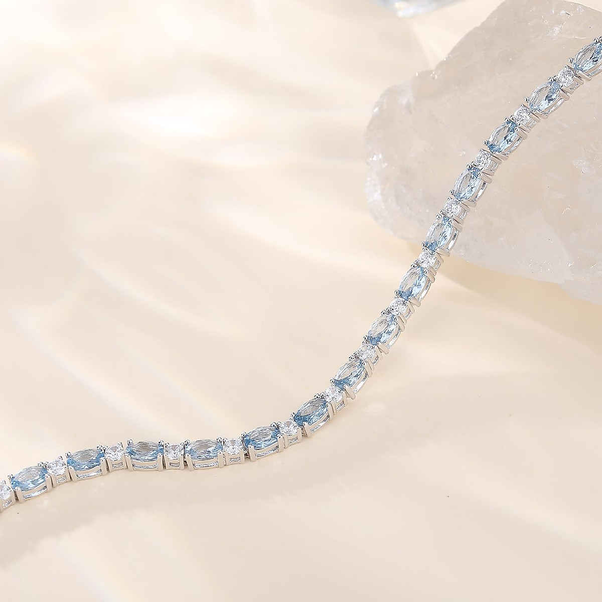 FANCIME Sterling Silver Created Aquamarine Tennis Bracelet March Birthstone Bracelet Cubic Zirconia Oval Gemstone Dainty Charm Fine Jewelry for Women 7"