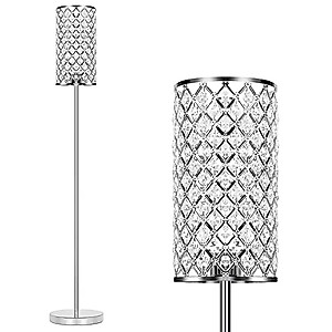Crystal Floor Lamp, Modern Standing Lamp with Elegant Shade, LED Floor Lamp with On/Off Foot Switch, Silver Finish Tall Pole Lamp Accent Light for Living Room, Girl Bedroom, Dresser, Office (E26 Base)