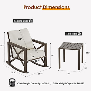 VONZOY Rocking Bistro Set, 3 Piece Outdoor Patio Furniture Set with 2 Rockers and 1 Metal Coffee Table, Rattan Conversation Sets with Thick Cushions for Backyard, Porch, Poolside (Khaki)
