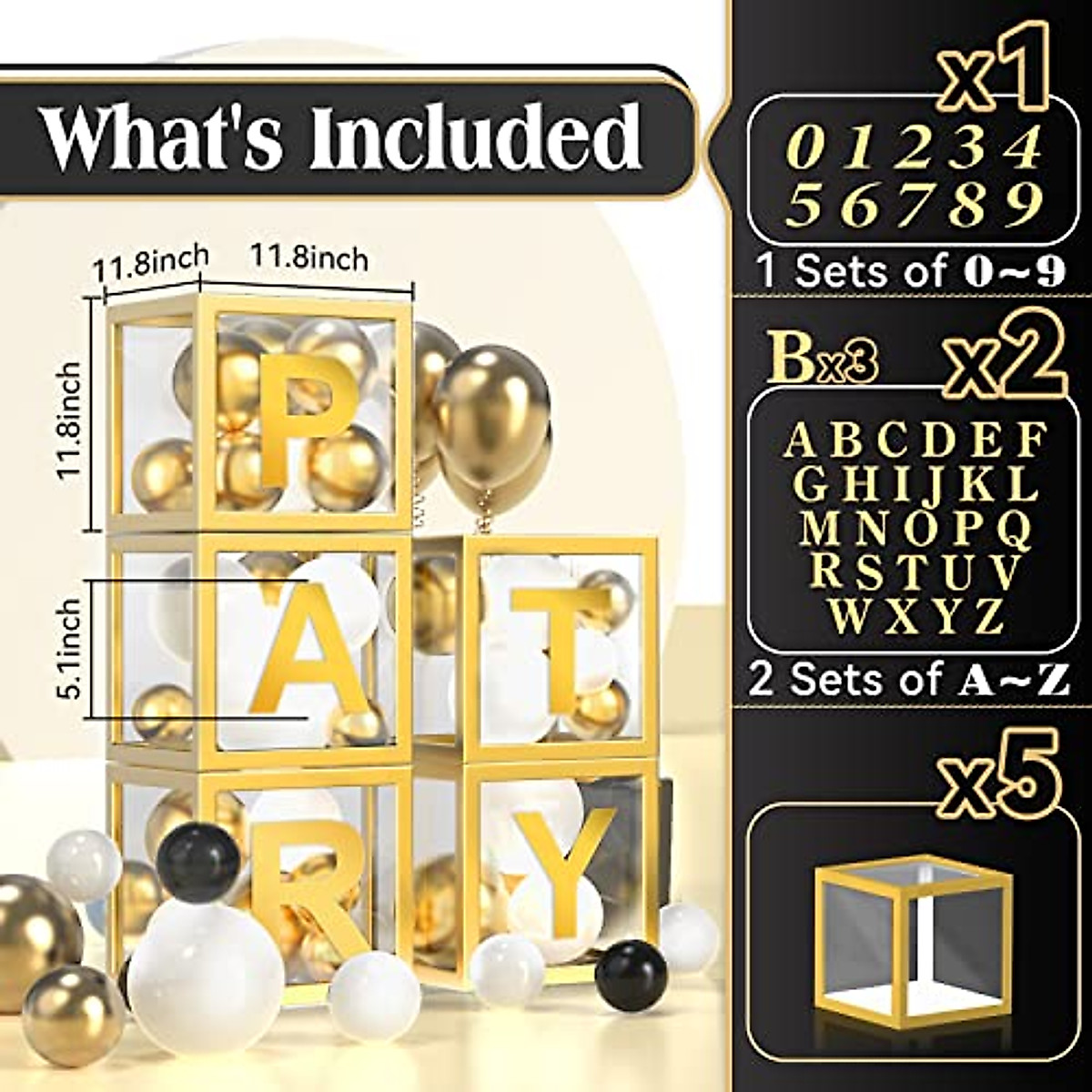 Gold Balloon Boxes 70Pcs Set for Party Decoration - Transparent Letter Boxes for Baby Shower, Bridal Shower, Gender Reveal & Birthday Party - Hard Paper Card, PET Material, Reusable, Easy Set Up