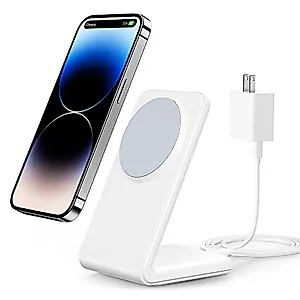 Meifigno Magnetic Wireless Charger for iPhone 15/14/13/12 Series, Fast Charging with PD3.0 20W USB-C Adapter & Charging Cable MagSafe Charger Stand for iPhone 15 14 13 12 Pro Max Plus Mini, White