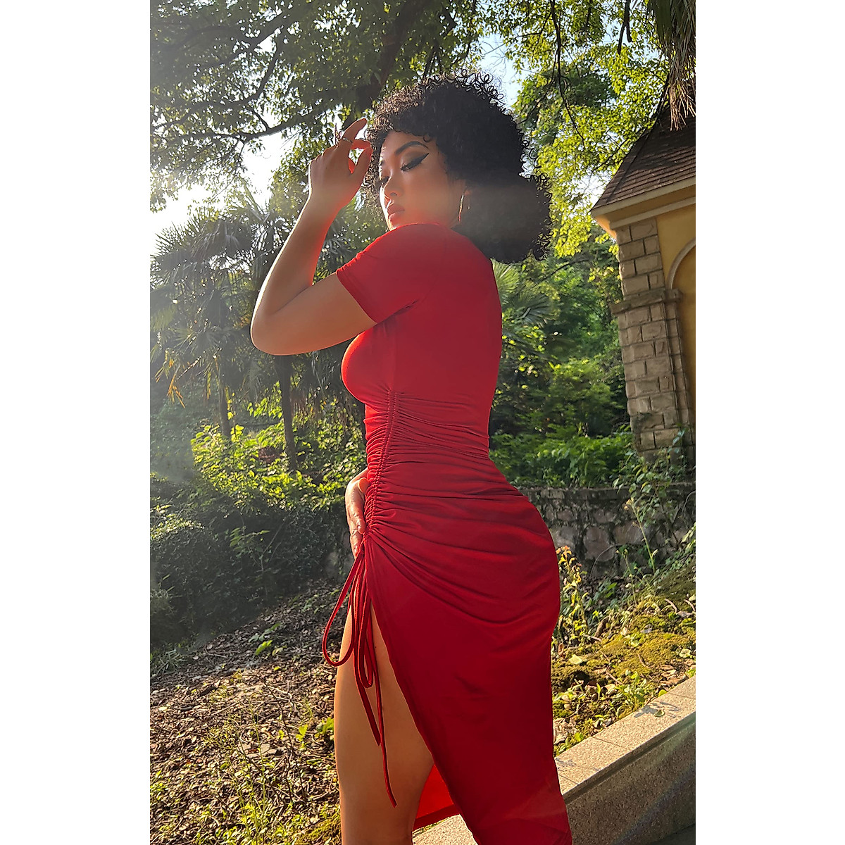 GOKATOSAU Women's Sexy Bodycon Short Sleeve Slit Ruched Summer Club Party Midi Dress Red