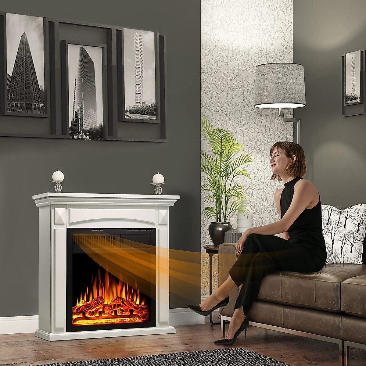 Antarctic Star Electric Fireplace with Mantel, Freestanding Wooden Frame Firebox, Adjustable Realistic 3D Flame, Remote Control, 750W-1500W, Ivory White…