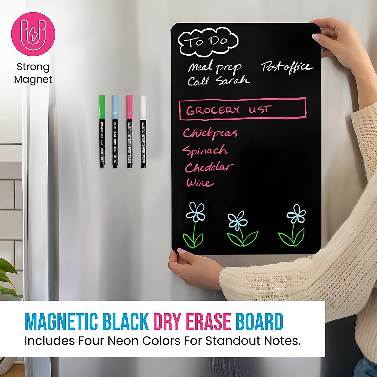 Magnetic Black Dry Erase Board for Fridge: with Bright Neon Chalk Markers - 12x8" - 4 Liquid Blackboard Markers with Magnet - Small Whiteboard Chalkboard for White Refrigerator
