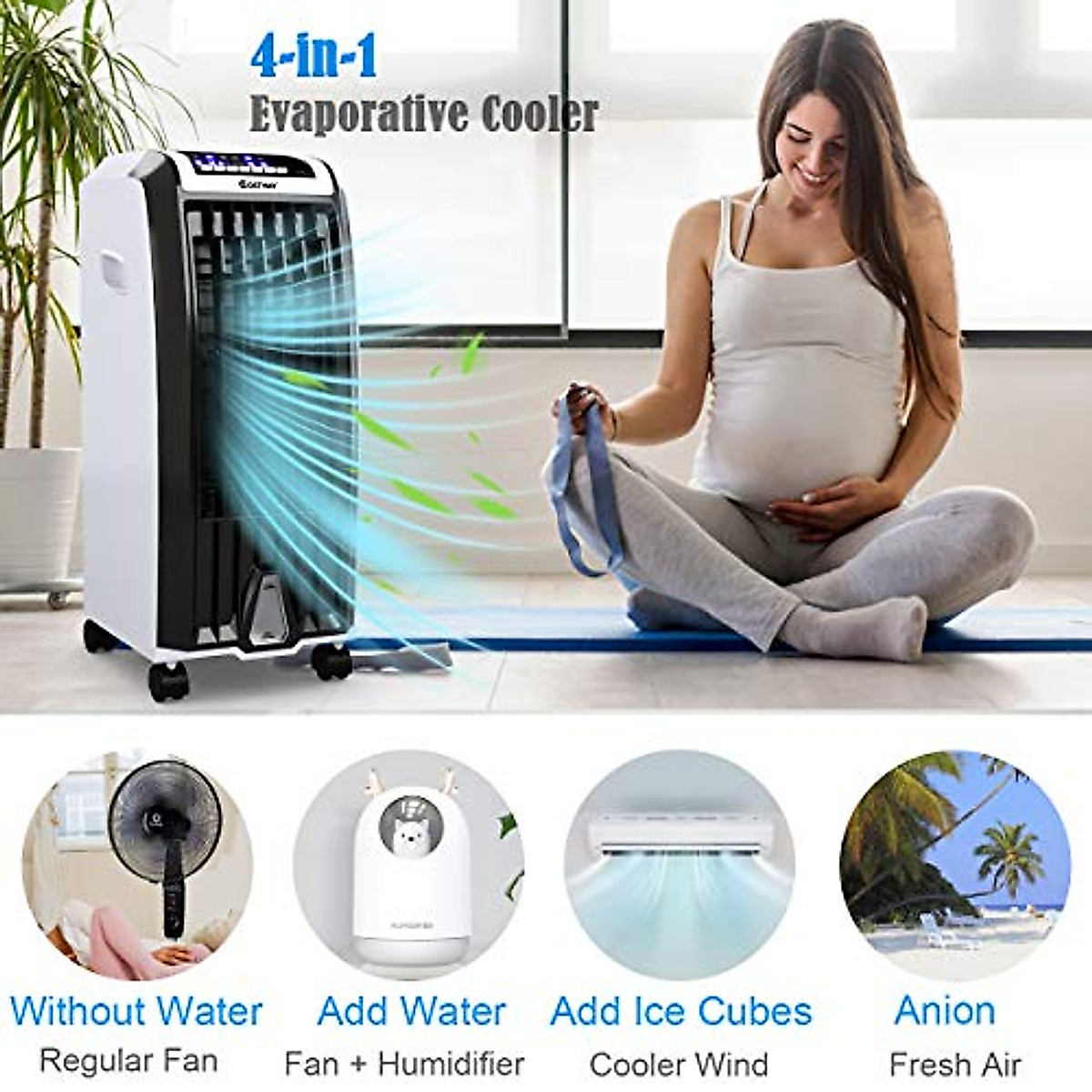 COSTWAY Evaporative Cooler, 4-in-1 Cooling, Fan, Humidifier and Anion, with 3 Wind Modes, 3 Speeds, 7.5H Timer, Portable air cooler with Remote, Built-in Handle, 4 Wheels for Home, Office