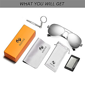 HJSTES Polarized Aviator Sunglasses for Women Men Classic Metal Shades Mirror Lens 100% UV Blocking, 58mm(Silver Frame/Silver Mirrored)