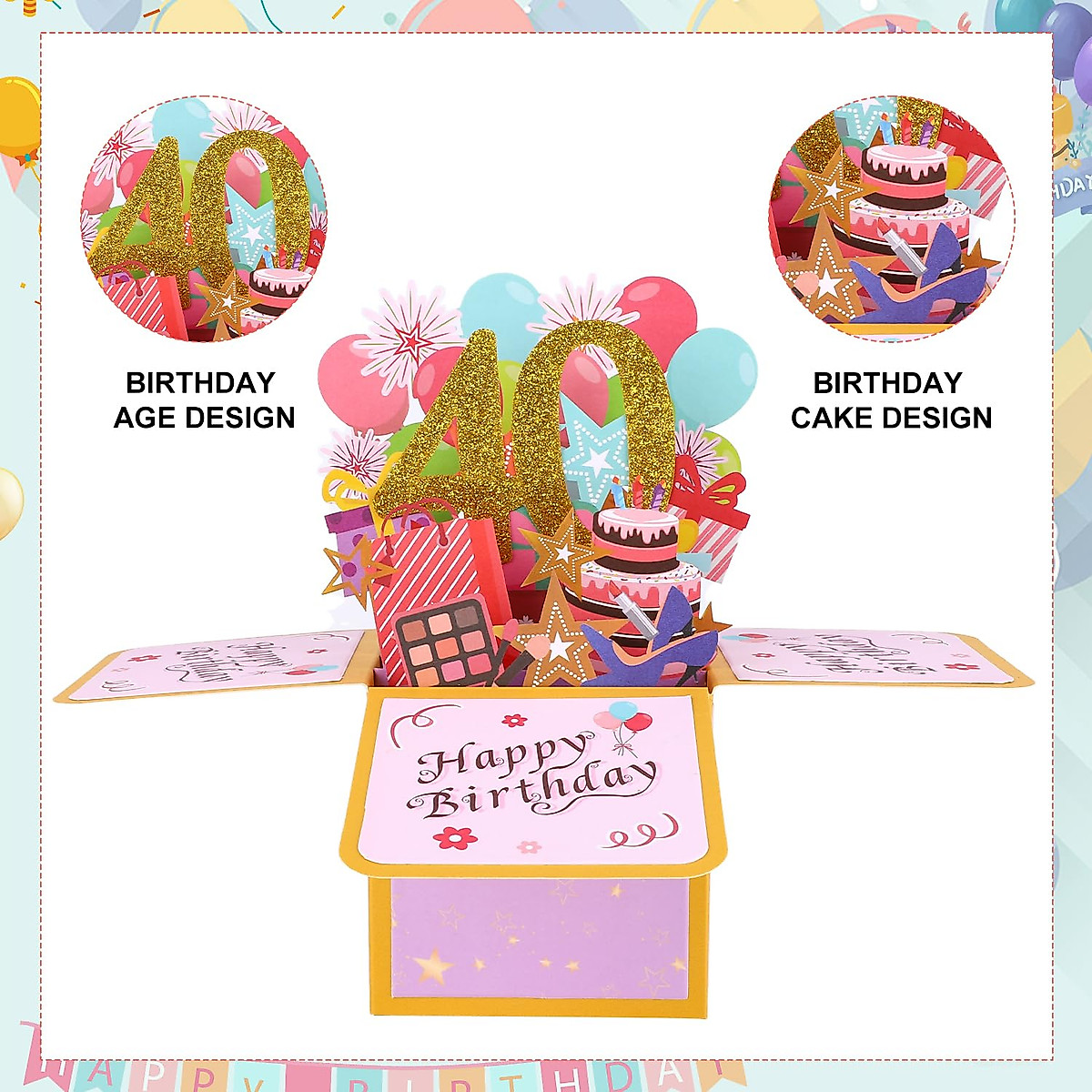 Happy Birthday Pop Up Card, Creative 3D Birthday Card with Classic Envelope & Writing Note Happy Birthday Pop Up Box for Women Men(40th Birthday Card)