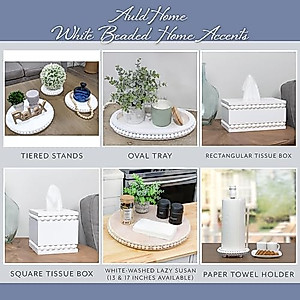 AuldHome Wood Beaded Tray (White), Decorative Farmhouse Style Oval Wooden Tray