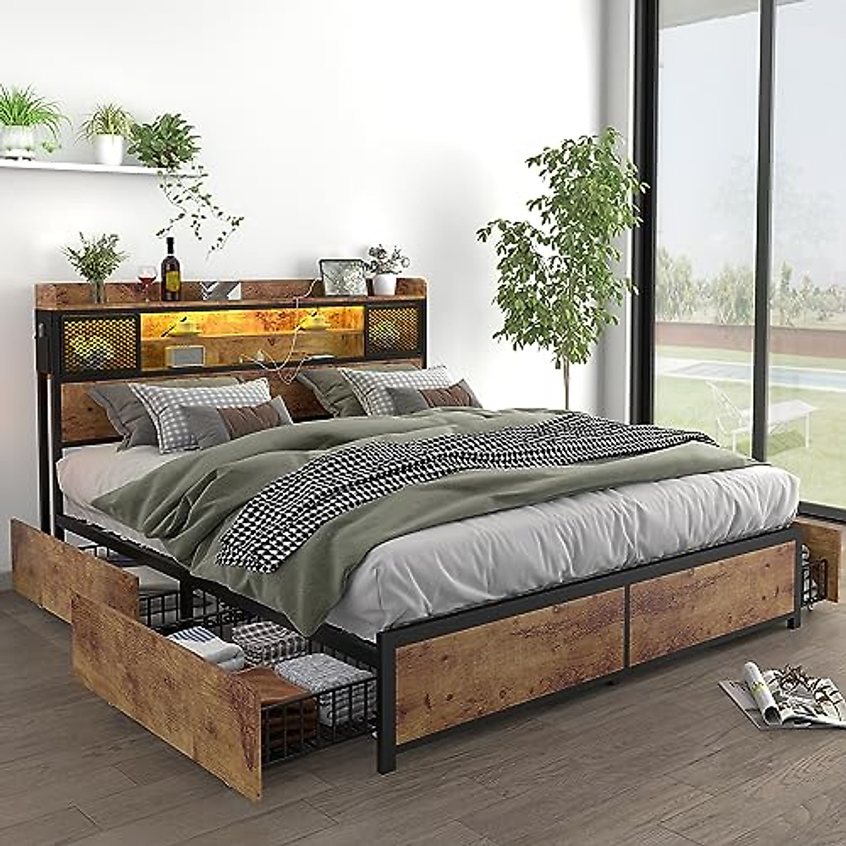 Gyfimoie Queen Bed Frame with 4 Storage Drawers, LED Bed Frame with Outlets and USB Ports, Metal Platform Bed Frame Queen Size with 3-Tier Storage Headboard, No Box Spring Needed (Queen)