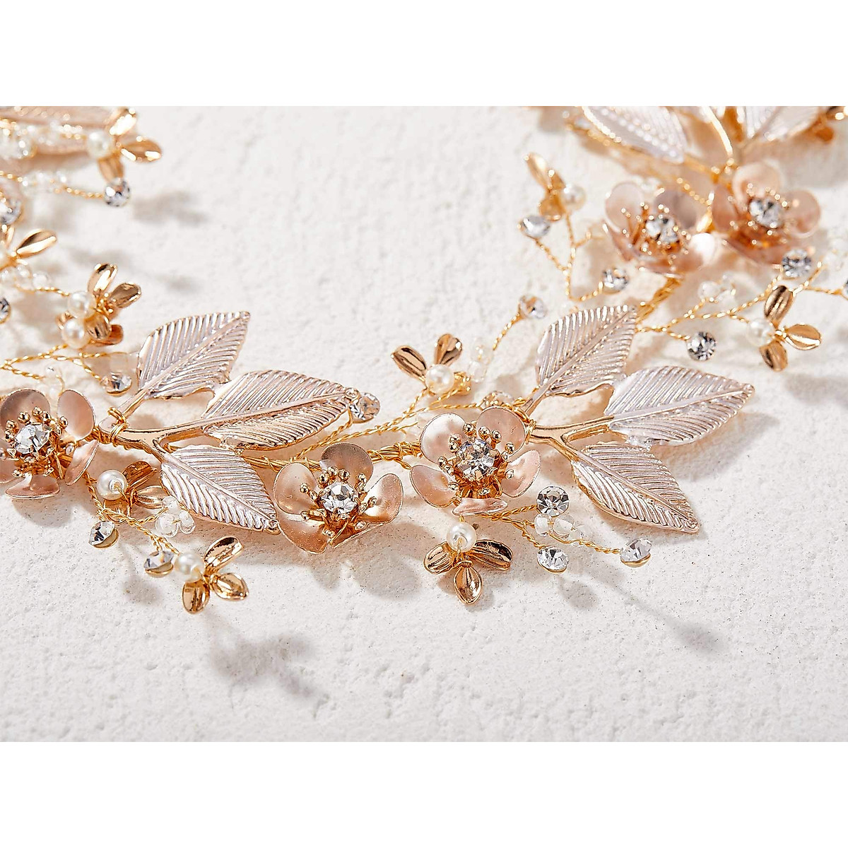 SWEETV Handmade Wedding Headpieces for Bride Hair Accessories Flower-Leaf Bridal Headband Rose Gold Wedding Hair Piece