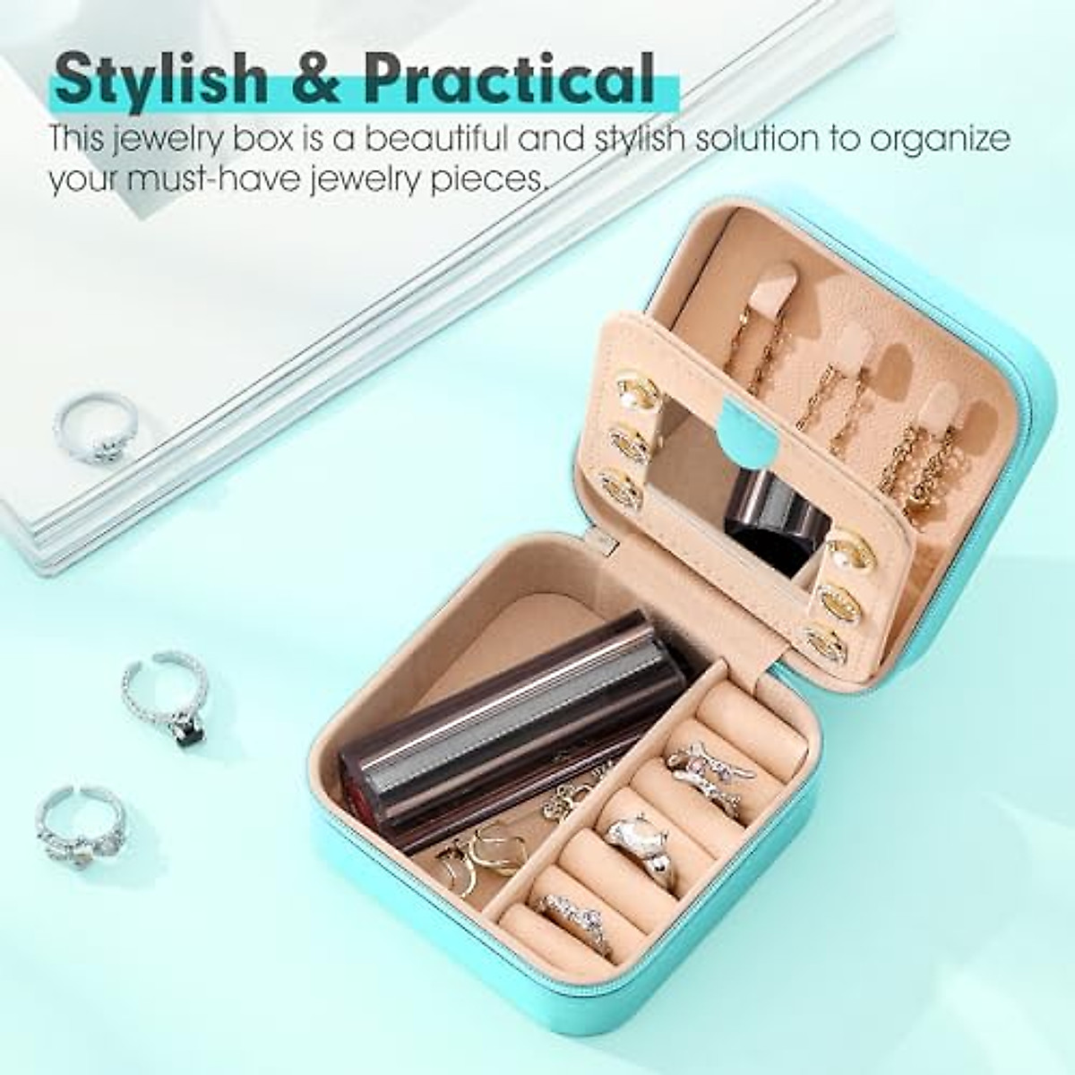 Yogeaw Small Travel Jewelry Holder Organizer - A Initial Mini Jewelry Box | Travel Essentials Case for Women Girl | Personalized Blue Jewelry Case | Christmas Back to School Graduation Birthday Gifts