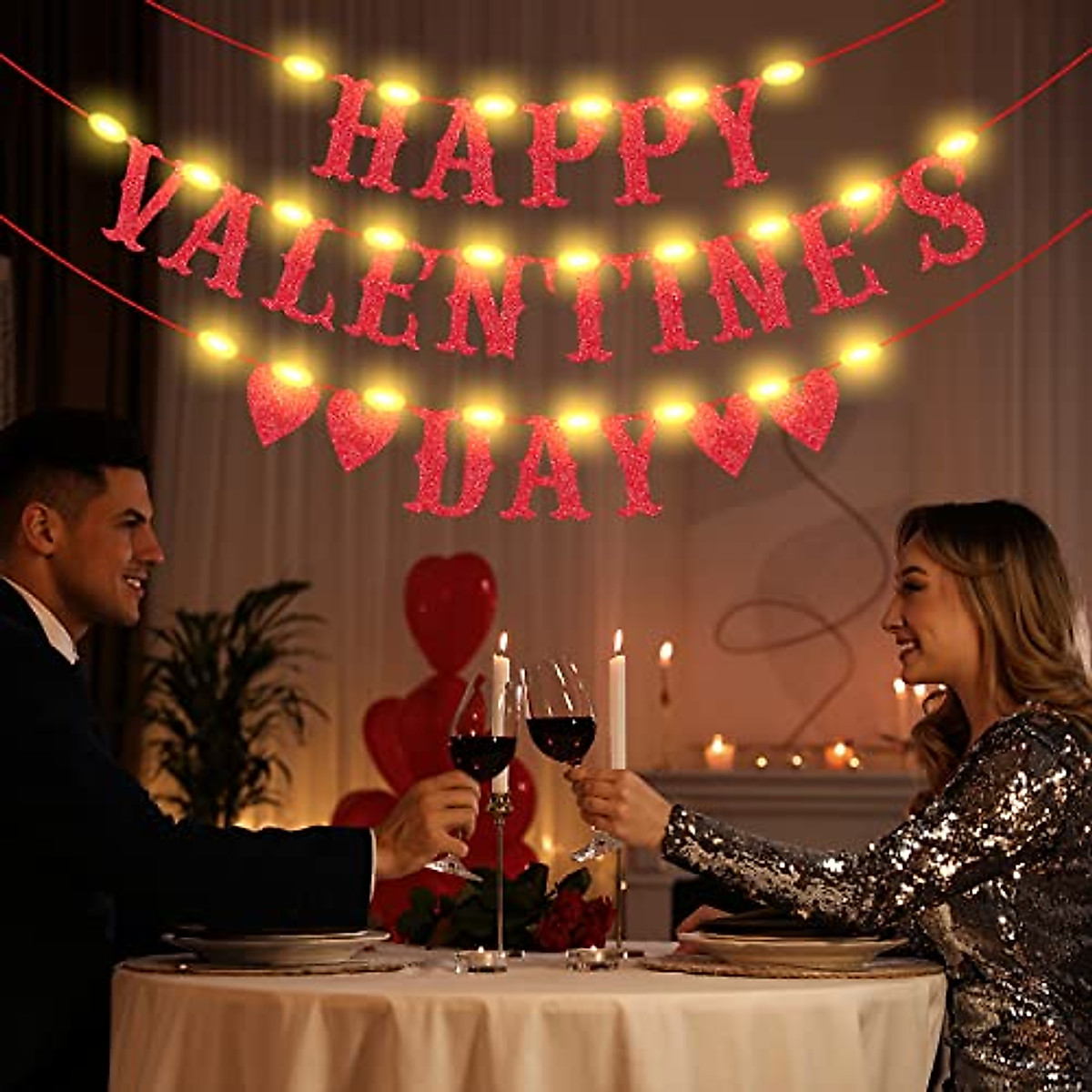 Happy Valentine's Day Light Banner Valentine's Day Heart Banner Decoration with Led Light String for Valentine's Day Wedding Dating Anniversary Engagement Party Indoor Outdoor Home Decor
