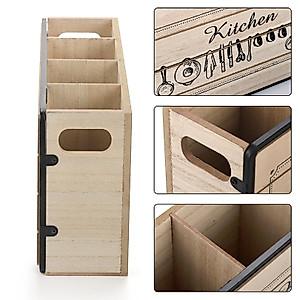 Noamus Kitchen Utensil Holder, 4 Compartment Wooden Cutlery Silverware Caddy, Rustic Flatware Organizers Countertop Decor with Handles, Cooking Tools Storage Box for Spoons, Knives, Forks