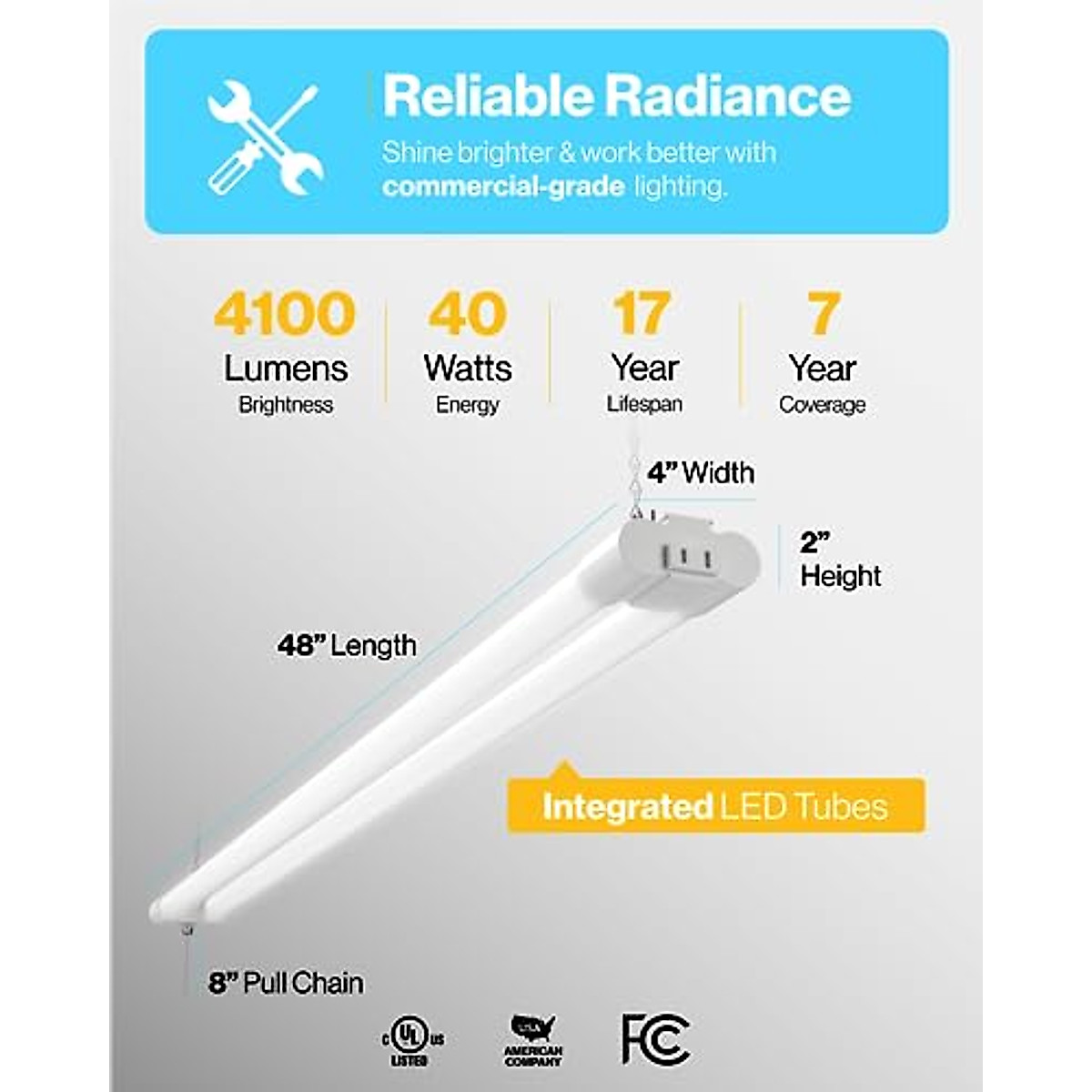 Sunco Linkable LED Utility Shop Light, 4500 LM, 5000K Daylight, 4 FT, 48 Inch Integrated Fixture for Garage, 40W Equivalent 150W, Surface + Suspension Mount, White