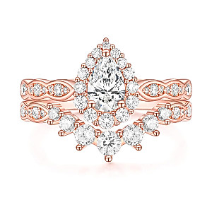 TIGRADE 1CT Bridal Ring Sets Teardrop Wedding Band Vintage Pear Cubic Zirconia Engagement Ring Halo CZ Promise Ring Gift for Women Size 3-12.5, Rose Gold,Size 7