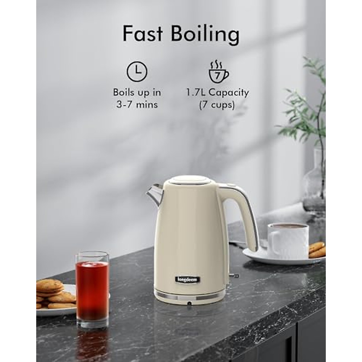 LONGDEEM Electric Kettle Stainless Steel 1.7L - 1500W Quick Boil, Retro Style, Auto Shut-Off, Boil Dry Protection with Filter & Water Gauge - Perfect for Tea, Hot Water, Cream