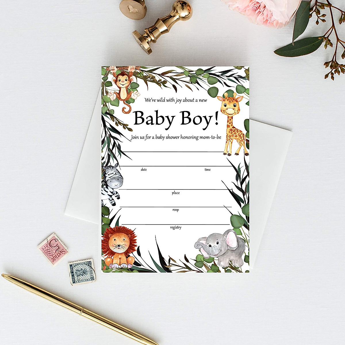 Moonrise Papery Set of 25 Safari Theme Baby Shower Invitations with Envelopes, Jungle Theme Baby Shower, Boy Baby Shower Invitations