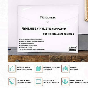 JANDJPACKAGING Printable Vinyl Sticker Paper - Waterproof Printable Vinyl for Laser & Inkjet Printer 15 Self-Adhesive Sheets - Glossy White - Standard Letter Size 8.5"x11"