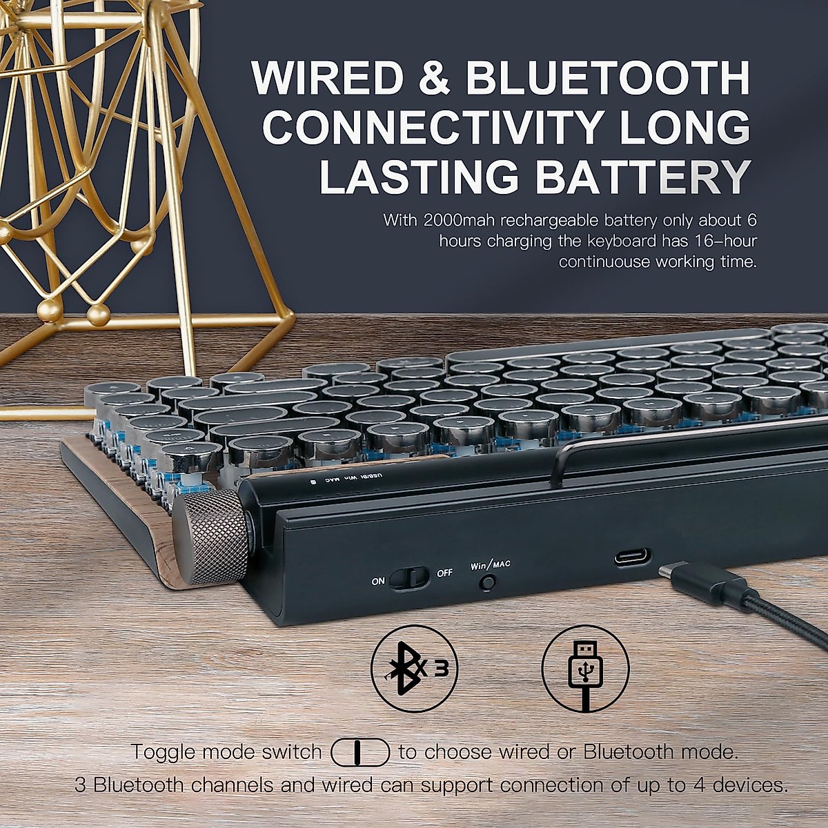 RAZEAK Typewriter Keyboard, Retro Typewriter Keyboard Wireless Key Legends Backlit Bluetooth 5.0 Connection Hotswap Mechanical Keyboard for iPad/Tablet/Mac/PC Woodgrain