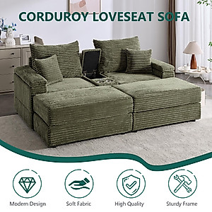 Suheww Oversized Loveseat Sectional Sofa Couch with Ottomans, Oversized 2-Seater Green Corduroy Chaise Lounge Chair with USB Ports, Corduroy Sofa Double-Upholstered Comfy Sleeper Sofa for Living Room