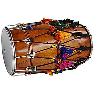 SAI TRADERS PUNJABI BHANGRA DHOL DRUM~MANGO WOOD~WITH DECORATION PART~HAND MADE INDIAN