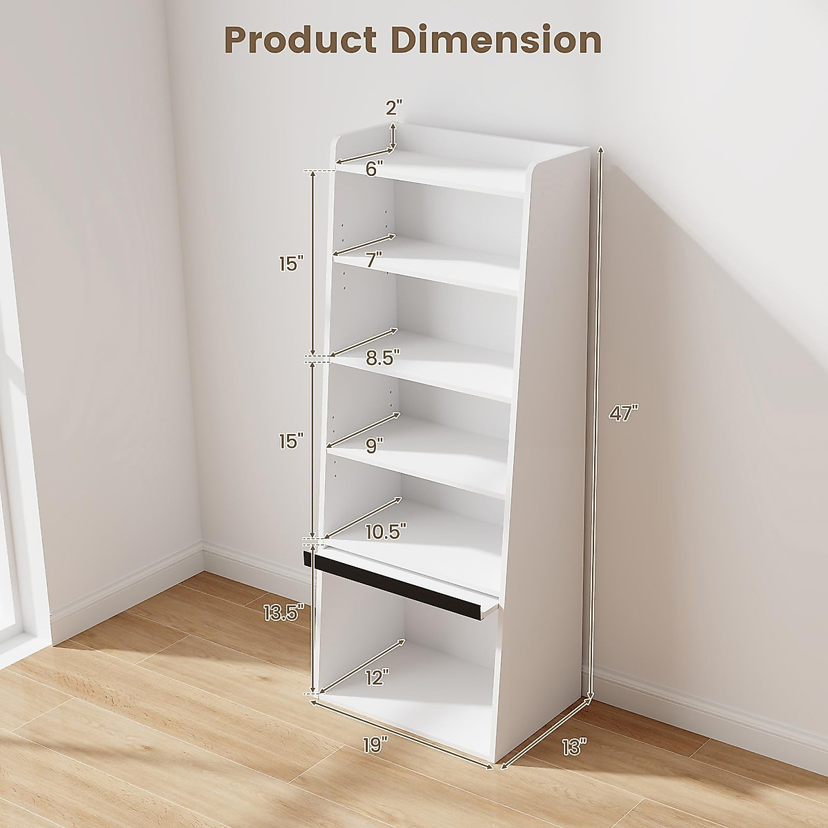 Giantex 6-Tier Bookcase, Freestanding Ladder Bookshelf with 2 Adjustable Shelves & Flip Up Door, Multifunctional Display Stand with Anti-Tipping Kit for Living Room Bedroom Home Office, White