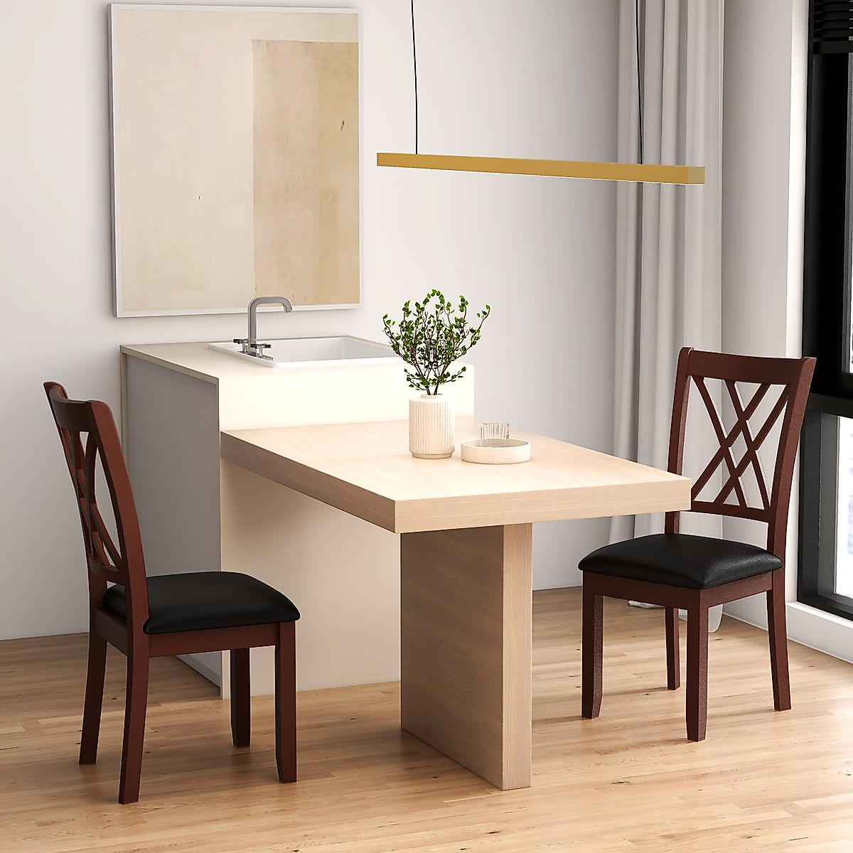 Giantex Wood Dining Chairs Set of 2, Faux Leather Upholstered Kitchen Chairs with Rubber Wood Legs, Padded Seat, Max Load 355 Lbs, Farmhouse Armless Wooden Dining Room Chair