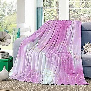 Throw Blanket- Watercolor Pastel Marble Soft Warm Plush Fleece Bed Throw,60x80In Flannel Blankets Abstract Golden Lines Bedding Throws for Women/Men Bedroom Living Room Office Decor Fantasy Art