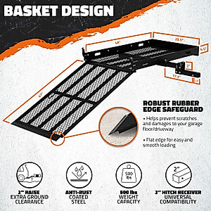 Mockins 500lb Cap. Folding Trailer Hitch Cargo Carrier Rack with Ramp |48"Lx28.5"Wx4.5"H Wheelchair Rack for Car |Heavy Duty Steel Mobility Scooter Carrier with Ramp | Wheelchair Carrier for Car Hitch