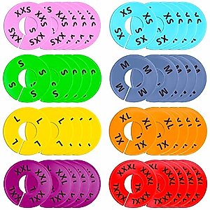 40 Pack Round Colorful Plastic Clothing Size Closet Rack Dividers Hangers, 8 Assorted Colors, Preprinted in 8 Sizes XXS, XS, S, M, L, XL, XXL, XXXL (Outer 3.5”, Inner Diameter 1.38”)