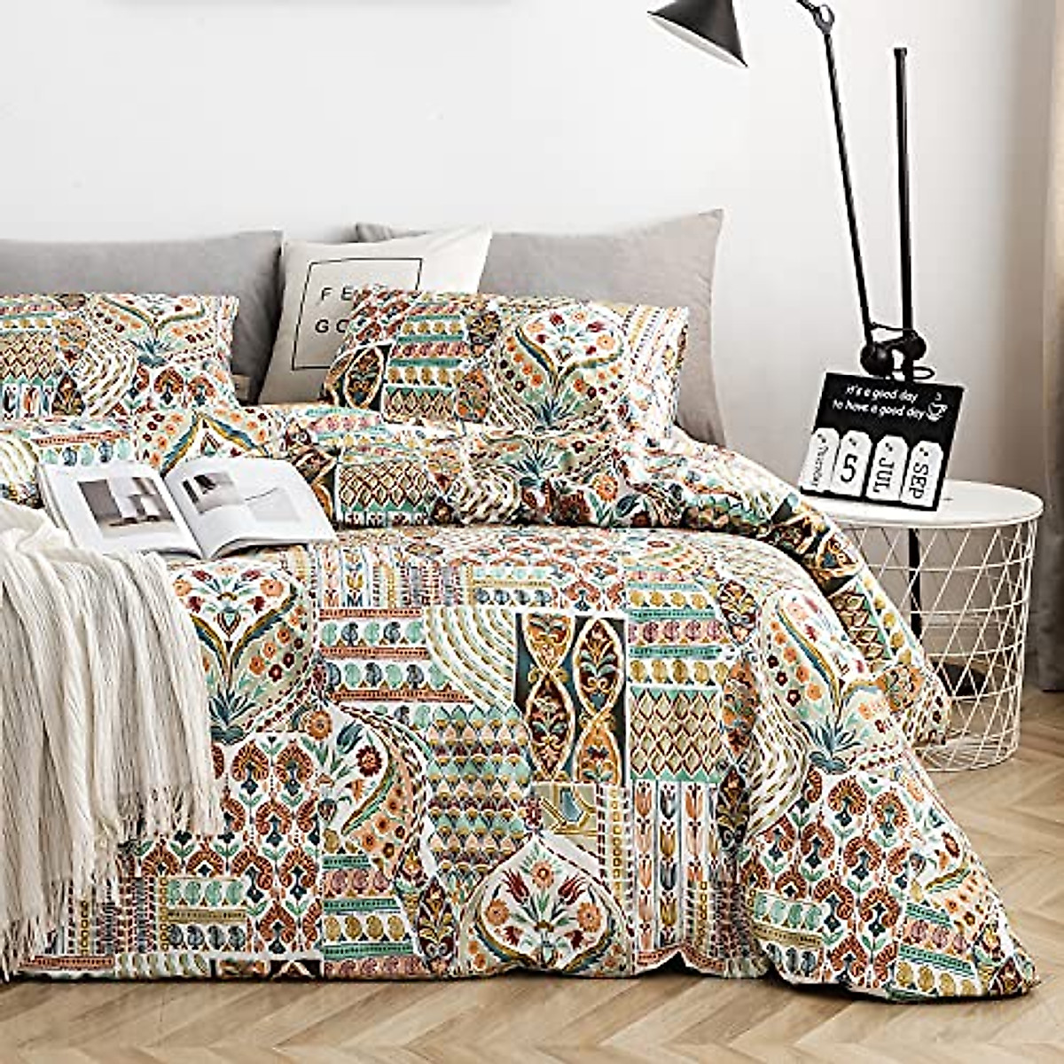 YuHeGuoJi Beige Paisley Duvet Cover Queen 100% Cotton Rust Floral Duvet Cover 3 Pcs Set 1 Exotic Boho Damask Patterned Duvet Cover with Zipper Ties 2 Pillowcases Bohemian Flower Bedding Set Soft