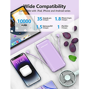 Metecsmart Portable Charger Power Bank with Built in Cable and AC Wall Plug, 10000mAh Fast USB C Phone Charger, Slim Thin Mini Charging Battery Pack Compatible with Smartphones and All USB-C Devices