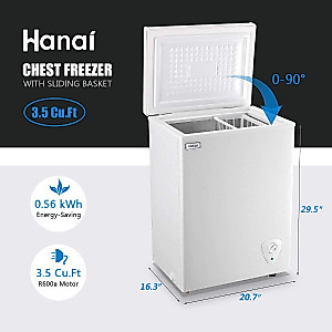 Chest Freezer Small Deep Freezer 3.5 Cu.Ft Mini Freezer White Free-Standing Top Door Freezer Adjustable 7 Thermostat and Removable Basket Open Deep Freezer Energy Saving Apartment Kitchen Business