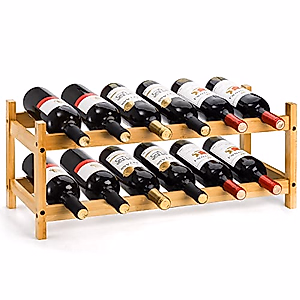Nicunom Wine Rack Countertop, 2-Tier 12 Bottles Bamboo Wine Storage Rack, Wine Bottle Holder, Wine Display Shelf, Free Standing Wine Storage for Home, Pantry, Cabinet and Bar
