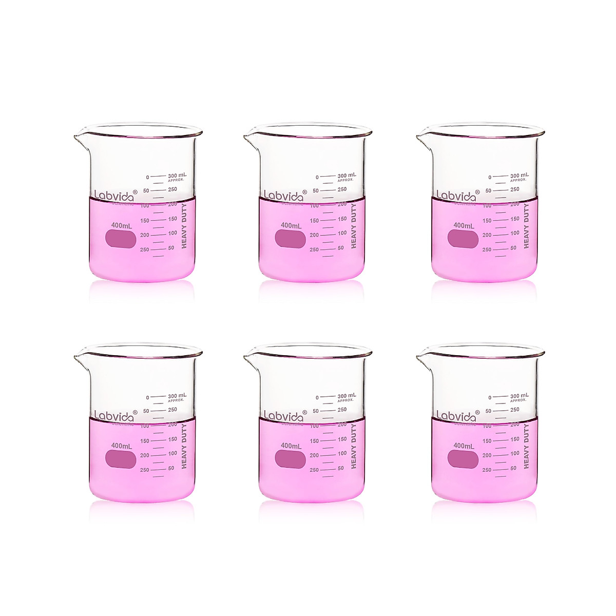 Labvida 6pcs 400ml Upgrated Thick Glass Beakers, Griffin Low Form Beaker Set with Double Scale,3.3 Boro, LVA029