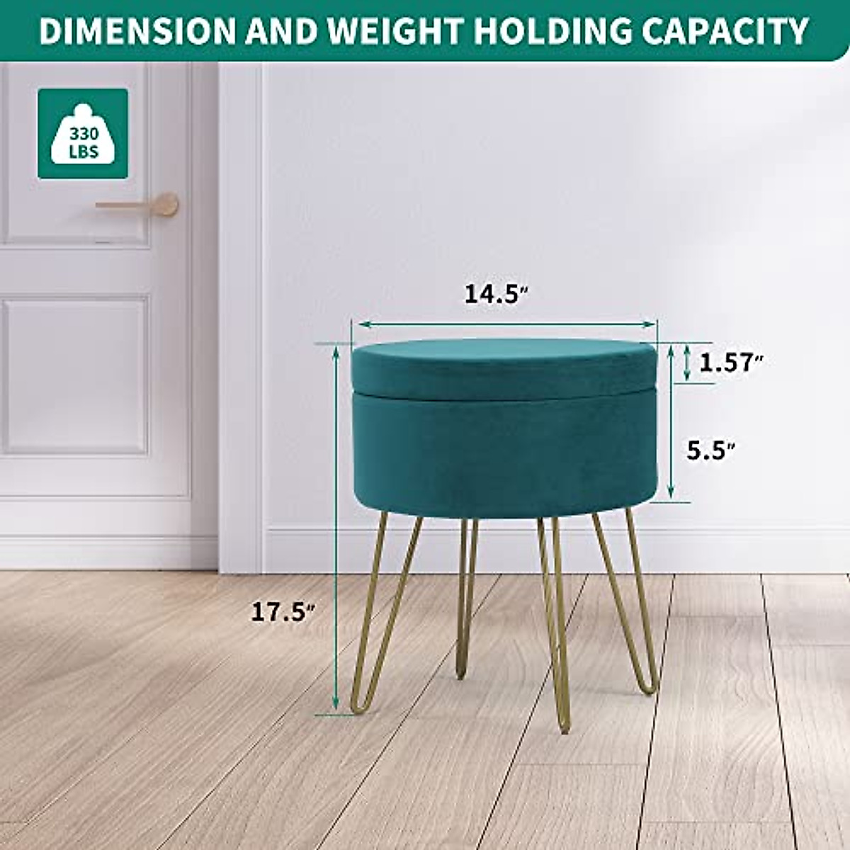 YITAHOME Modern Velvet Upholstered Round Storage Ottoman Footrest Vanity Stool with Gold Metal Legs & Tray Top Coffee Table Having 17.5” Height and Holds Upto 330 Lbs (Teal)