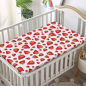 Strawberry Themed Fitted Crib Sheet,Standard Crib Mattress Fitted Sheet Polyester Toddler Bed Mattress Sheets-Crib Mattress Sheet or Toddler Bed Sheet,28“ x52“,Lime Green Vermilion Rose