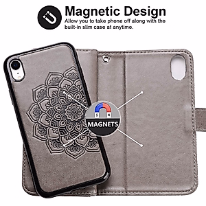 Vofolen Case for iPhone XR Case Wallet Card Holder Leather PU Flip Cover Folio Detachable Magnetic Slim Shell Dual Layer Heavy Duty Protective Bumper Armor Wristband for iPhone XR 10R Mandala Grey