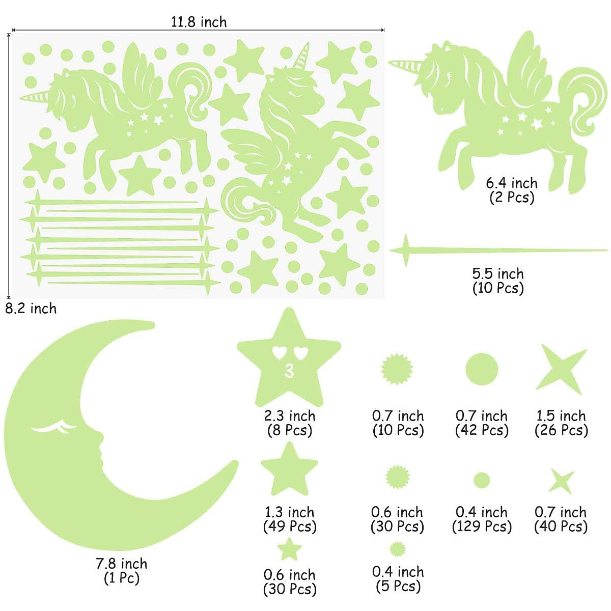 382 Pcs Glow in The Dark Stars Wall Stickers, Glowing Stars for Ceiling and Wall Decals, 3D Glowing Stars Moon Unicorn for Kids Boys Girls Bedding Room Decoration or Party Birthday Gift