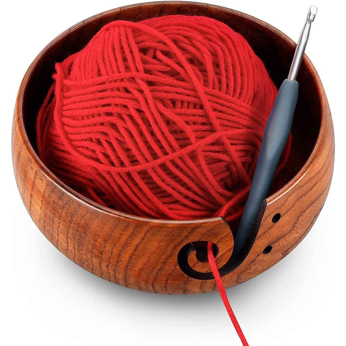 Wooden Yarn Bowl with 8Pcs Metal Crochet Hooks, Knitting Yarn Bowl with Holes Storage Handmade to Prevent Slipping, Perfect Yarn Holder Bowl for Crocheting and Knitting Mother's Day Gift 6" x 3"