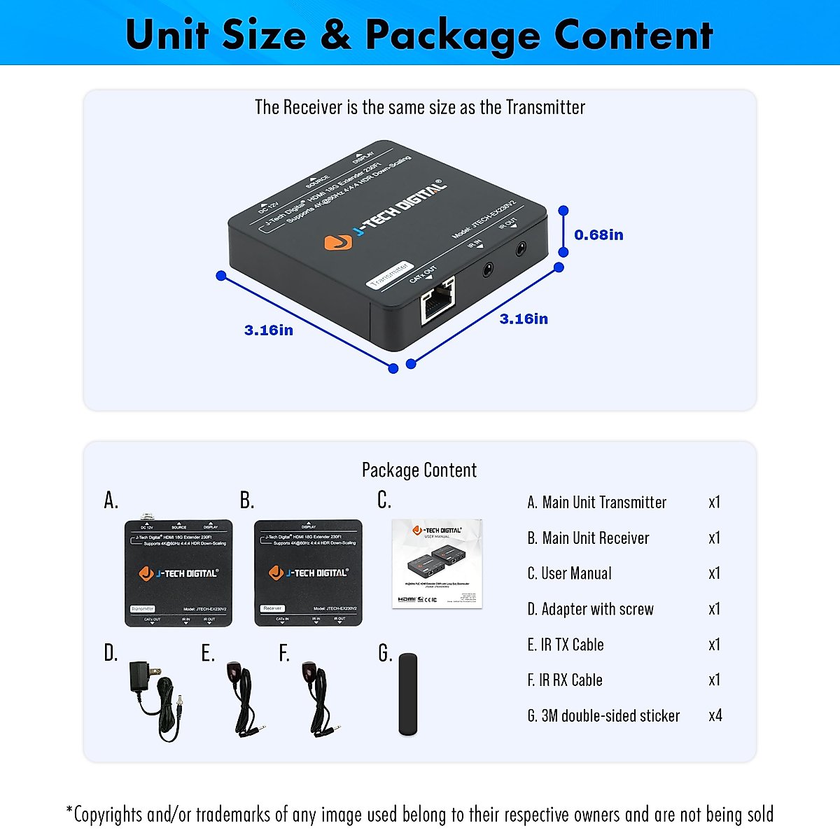 J-Tech Digital HDMI Extender 4K 60Hz Over Cat5e/6 Ethernet Cable Up to 230ft. Supports 4K Downscale HDMI Loop Out PoC HDR Bi-Directional IR [JTECH-EX230V2]