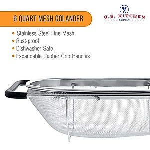U.S. Kitchen Supply - Premium Quality Over The Sink Stainless Steel Oval Colander with Fine Mesh 6 Quart Strainer Basket & Expandable Rubber Grip Handles - Strain, Drain, Rinse Fruits, Vegetables