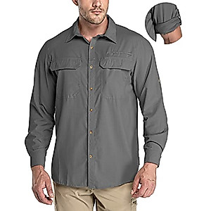 33,000ft Men's Long Sleeve Sun Protection Shirt UPF 50+ UV Quick Dry Cooling Fishing Shirts for Travel Safari Camping Hiking Grey