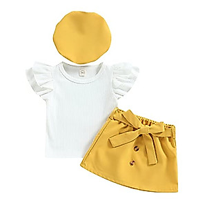 Bonangber Toddler Girl Skirt Outfit Baby Summer Short Sleeve Ribbed Ruffle Tops+Elastic Waist Mini Skirts+Hat 3pcs Baby Clothes (White, 4-5 Years)